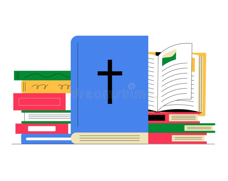 Stack of Religious and Academic Books with an Open Bible in Flat Vector ...