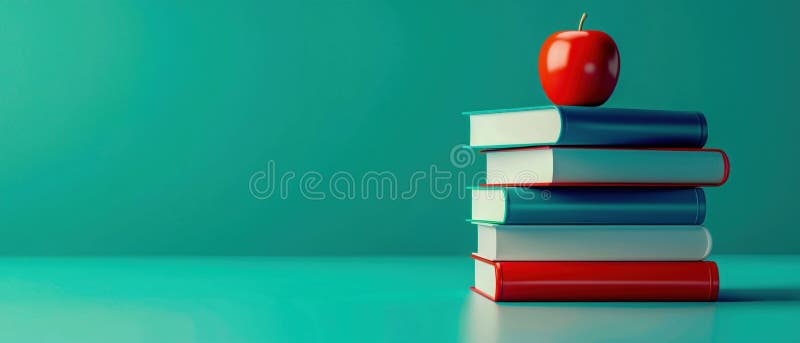 Stack of Colorful Books with Red Apple on Top. Generative Ai Stock ...