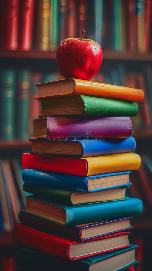 Stack of Colorful Books with Red Apple on Top in a Library, Education ...