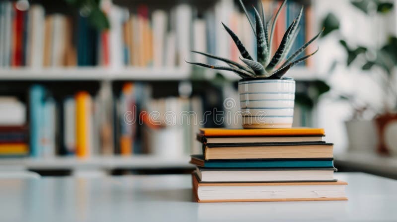 Stacked Books with Potted Plant Against Blurred Background of a Cozy ...