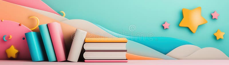 Stack of Colorful Books with Stars and Clouds on Blue Background Stock ...