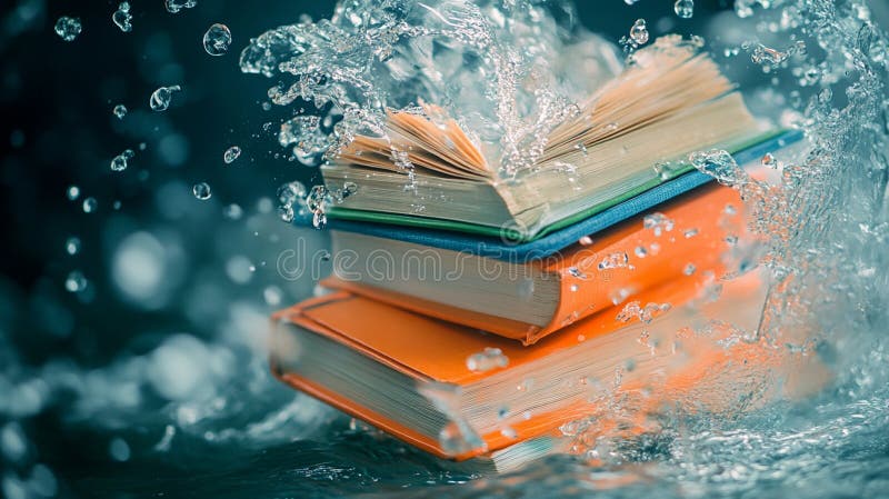 Stack of Colorful Books Surrounded by Splashing Water Creating a ...