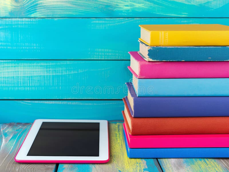 Stack Colorful Books Tablet Wooden Surface Stock Photos - Free ...