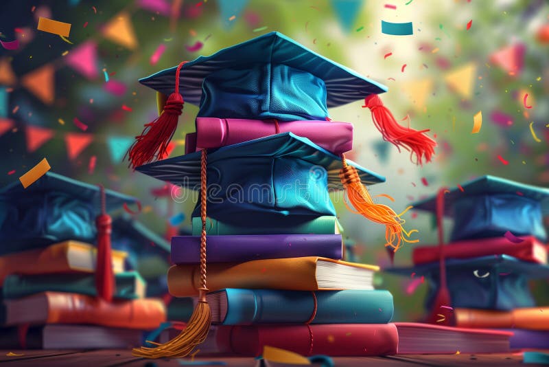 A Stack of Colorful Books Topped with Graduation Caps, Surrounded by ...