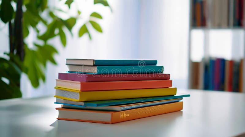 Stack of Colorful Books on a White Table in a Library, with a Plant in ...
