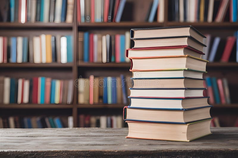 Stack of Colorful Books on Wooden Surface in Front of Blurred ...