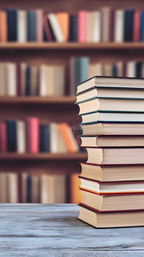 Stack of Colorful Books on Wooden Surface in Front of Blurred ...