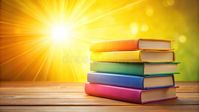 Stack of Colorful Books on Wooden Surface with Sunburst Background ...