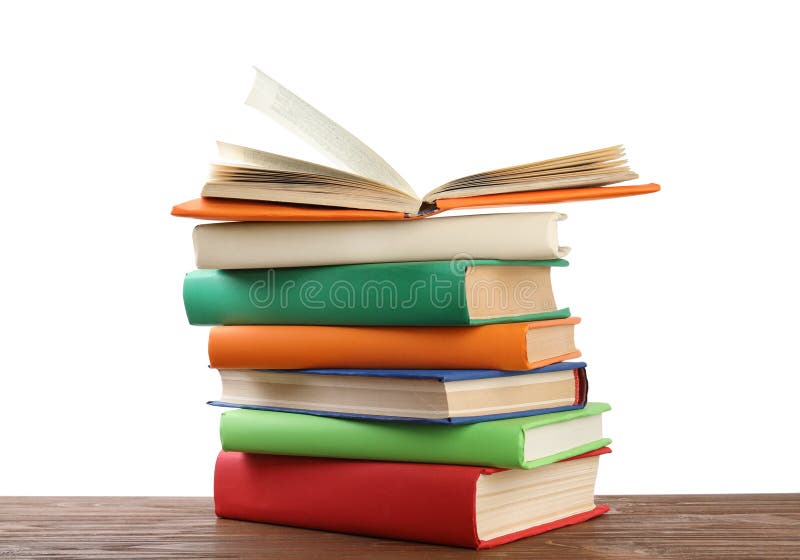 Stack Of Colorful Books On Wooden Table Against Background Stock Image ...