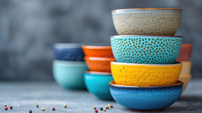 A Stack of Colorful Bowls with Different Designs on Them, AI Stock ...