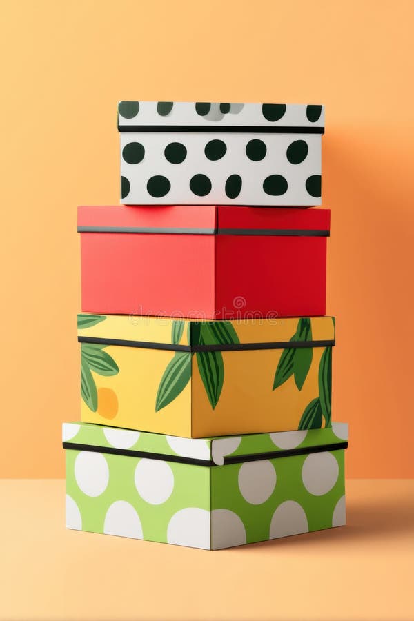 Stack of Colorful Boxes with Floral and Polka Dot Patterns Creating ...