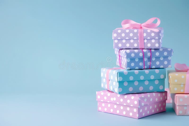 A Stack of Colorful Boxes with Polka Dots and Bows on Top Stock ...