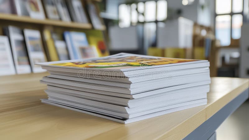 Stack of Colorful Brochures on Wooden Table Stock Illustration ...