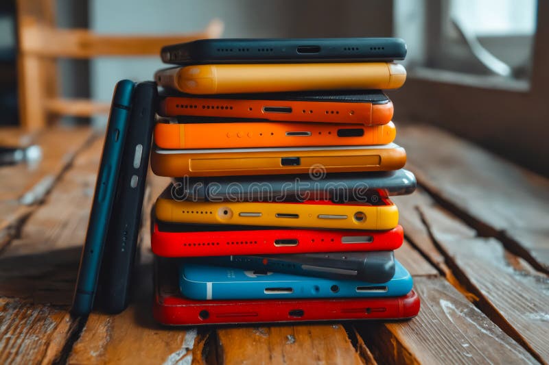 A Stack of Colorful Cell Phones Sitting on Top of a Wooden Table ...