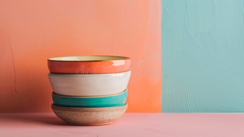Stack of Colorful Ceramic Bowls Against a Pastel Backdrop Stock Image ...