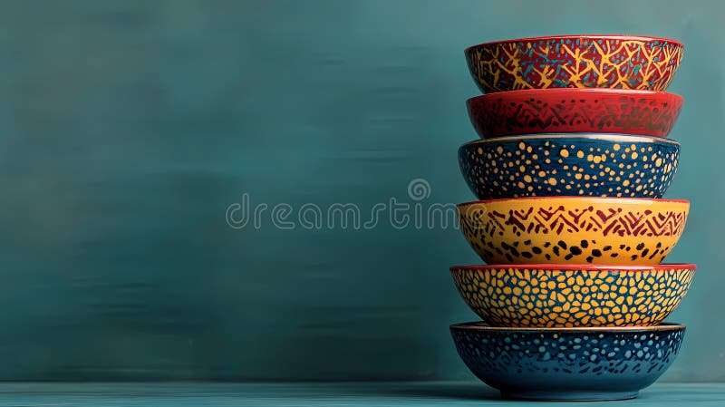Stack of Colorful Ceramic Bowls with Ethnic Patterns on Turquoise ...