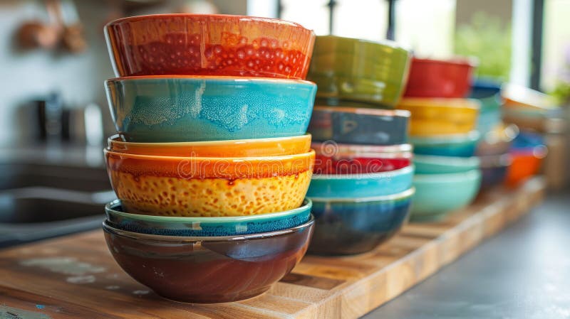 Stack Colorful Ceramic Bowls Kitchen Counter Stock Photos - Free ...