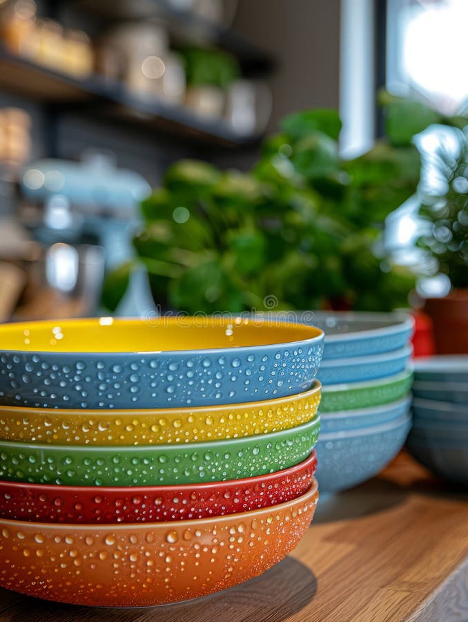 Stack of Colorful Ceramic Bowls on Kitchen Counter. Stock Photo - Image ...