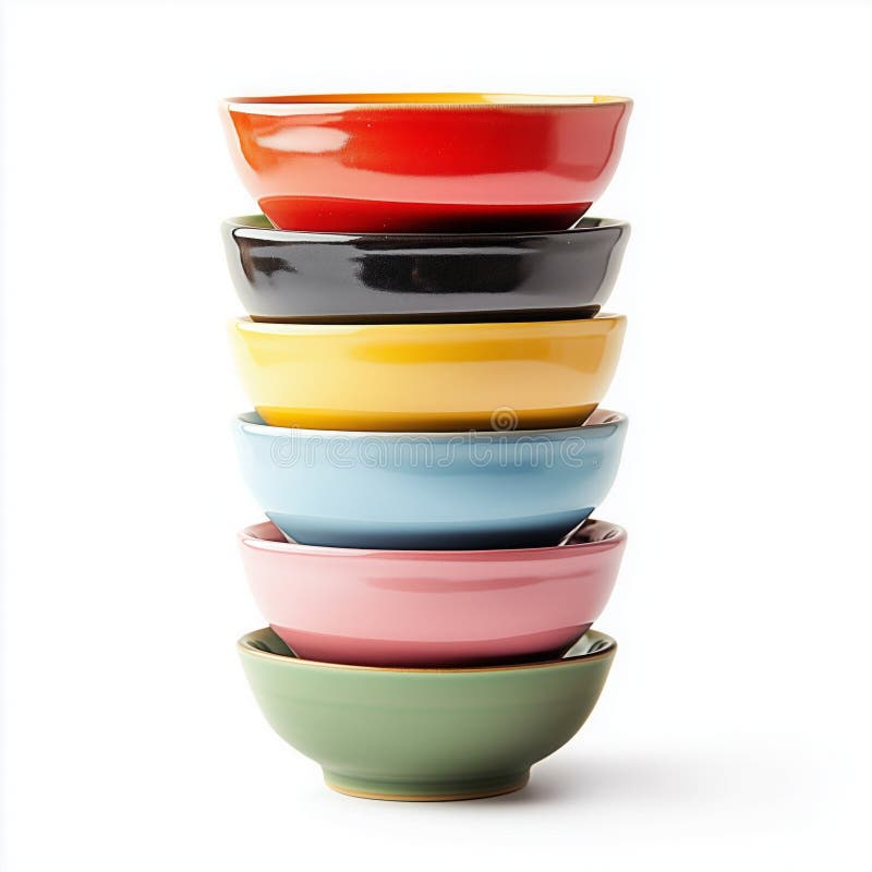 A Stack of Colorful Ceramic Bowls, Modern Design, Isolated on White ...