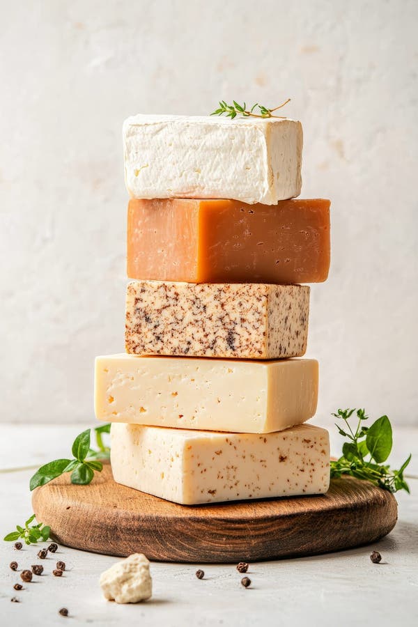 Stack of Colorful Cheese Blocks with Various Textures Arranged on a ...