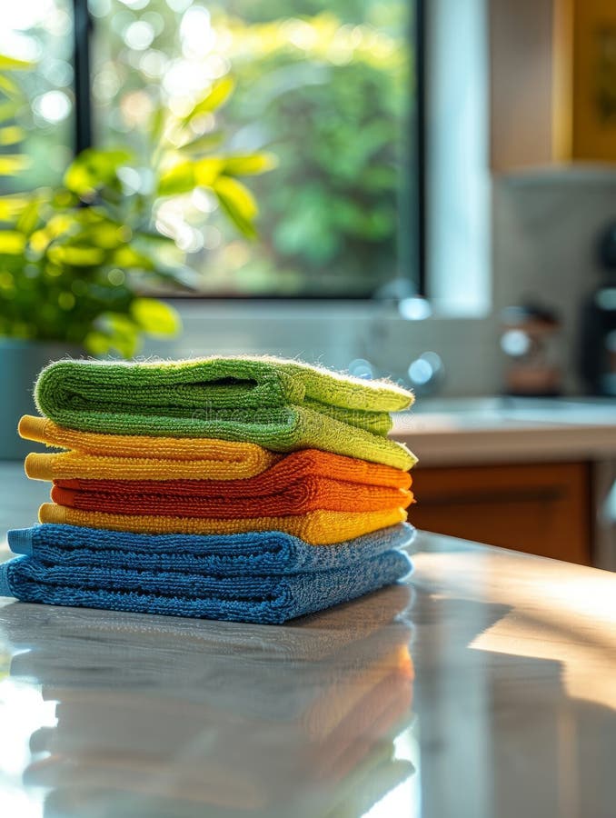 Stack of Colorful Cleaning Cloths on a Kitchen Countertop Stock Photo ...