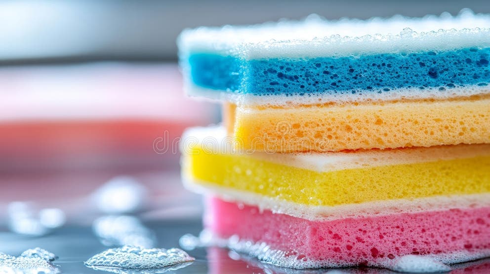 Stack of Colorful Cleaning Sponges on Reflective Surface with Soap Suds ...