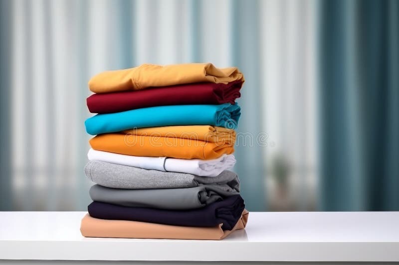 Stack of Colorful Clothes. Pile of Clothing on Table Empty Space ...