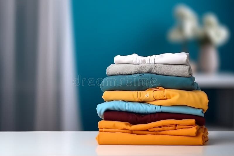 Stack of Colorful Clothes. Pile of Clothing on Table Empty Space ...