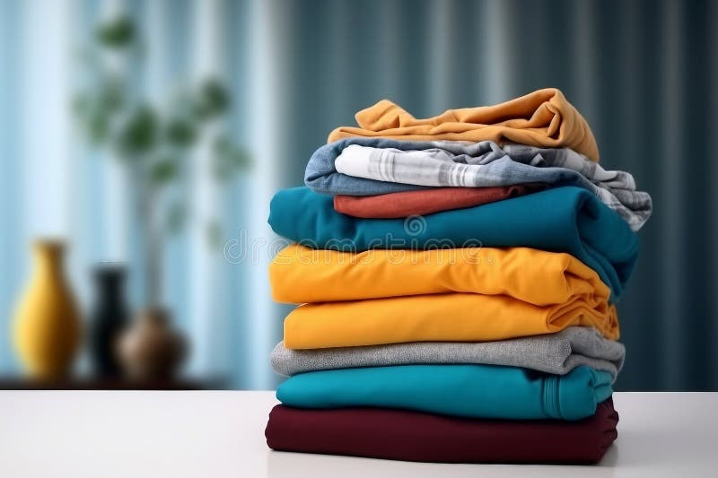 Stack of Colorful Clothes. Pile of Clothing on Table Empty Space ...