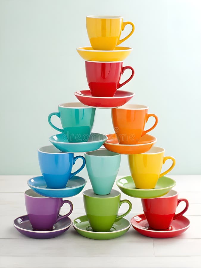 A Stack of Colorful Coffee Cups and Saucers Stock Illustration ...
