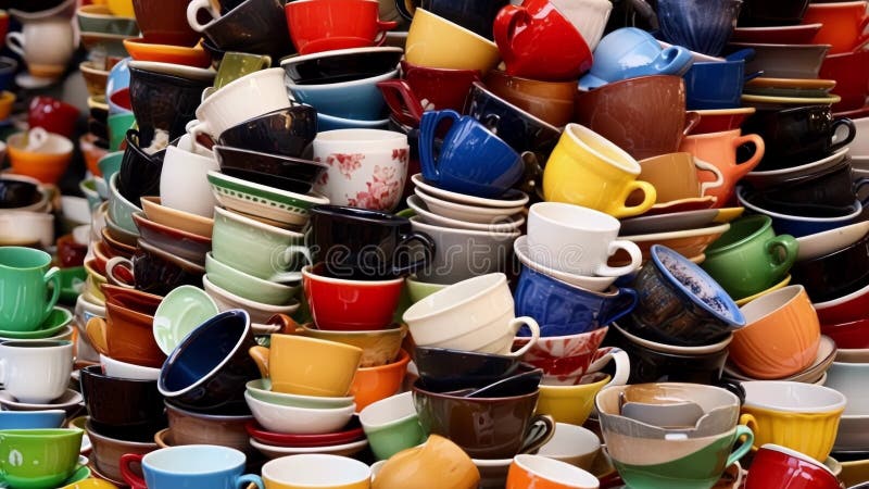 Stack of Colorful Coffee Cups and Saucers Forming a Mountain of Dishes ...