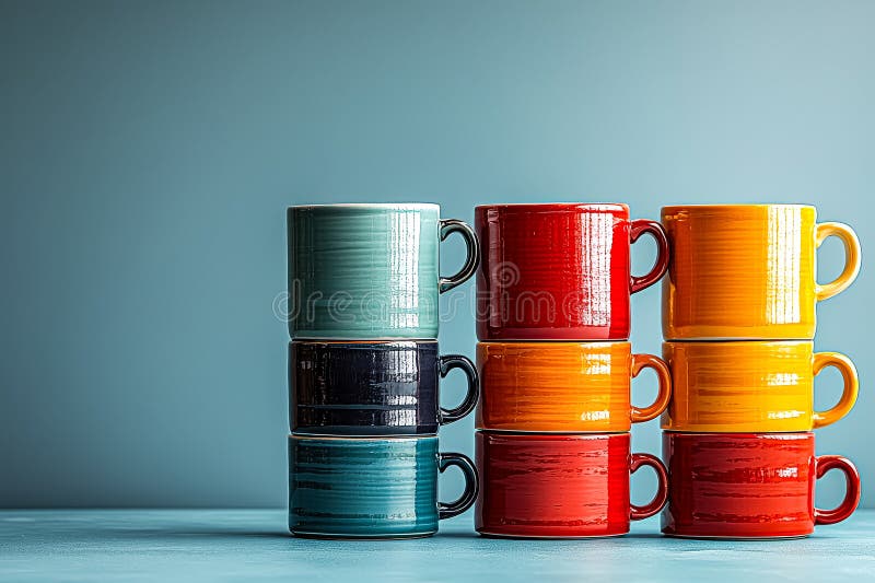 Stack of Colorful Coffee Mugs on a Table Stock Photo - Image of design ...