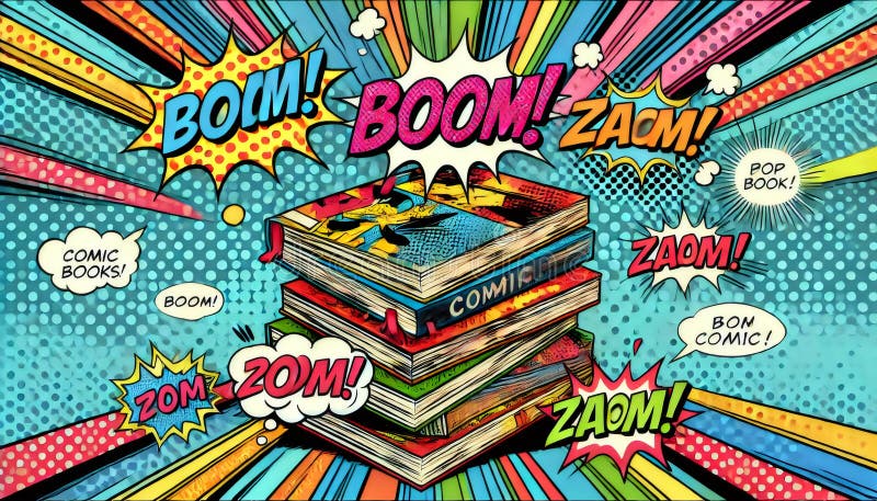 Stack of Colorful Comic Books with Exploding Speech Bubbles in Pop Art ...