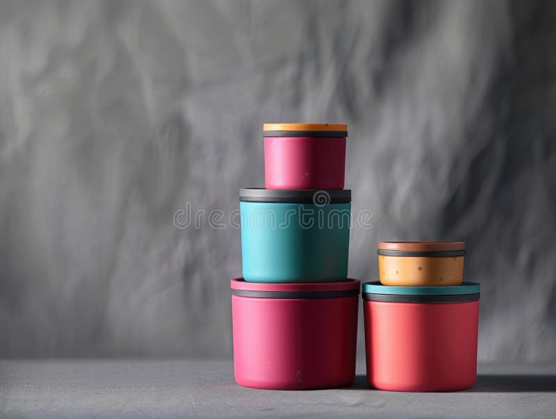 A Stack of Colorful Containers, Including a Blue One, Sit on a Grey ...