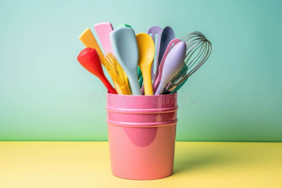 Stack of Colorful Cooking Utensils on a Pastel Background Stock ...