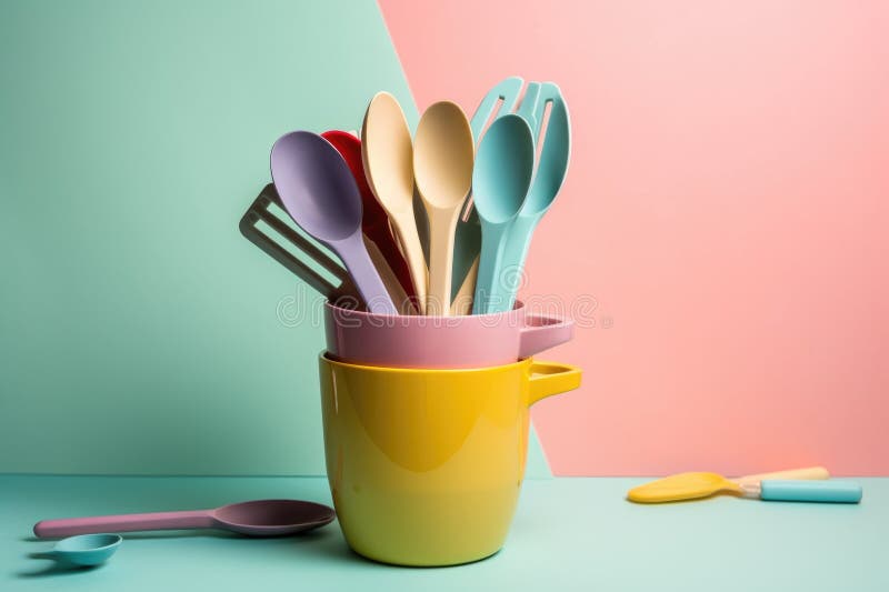 Stack of Colorful Cooking Utensils on a Pastel Background Stock ...