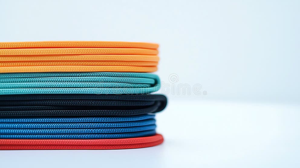 A Stack of Colorful Cords, Including Blue, Orange, and Green Stock ...