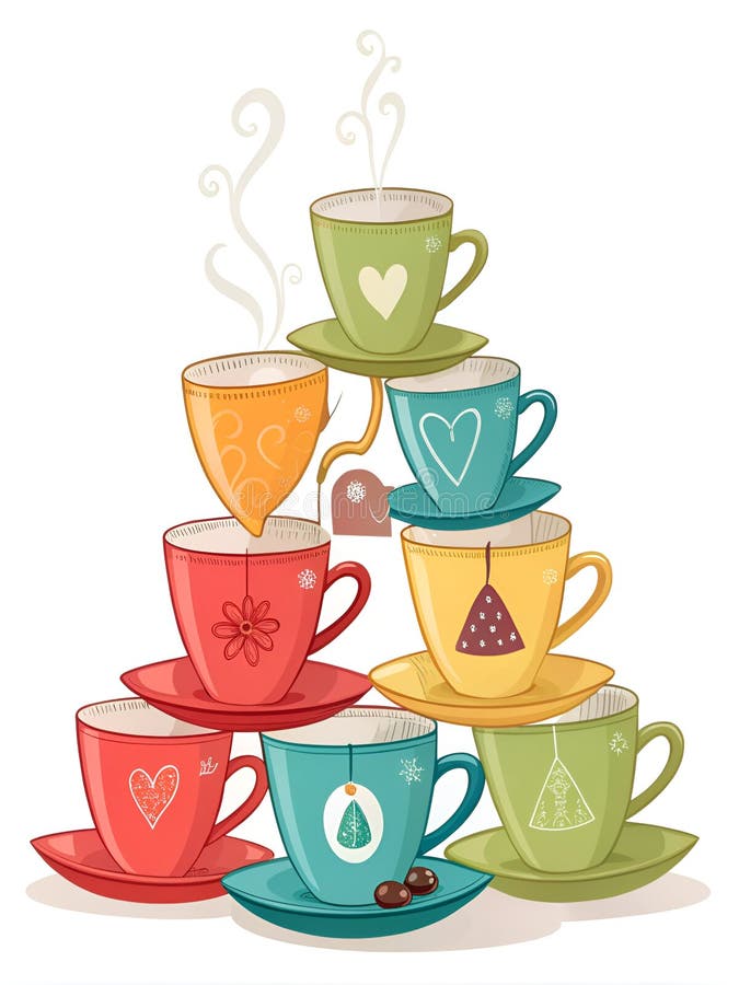 A Stack of Colorful Cups with Hearts and Christmas Decorations Stock ...