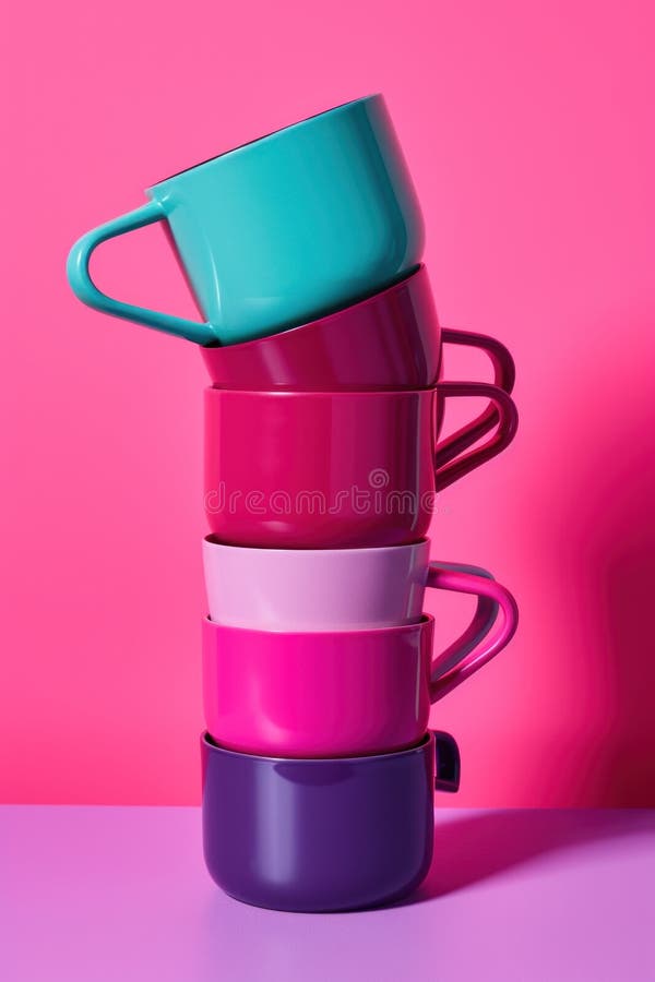 A Stack of Colorful Cups on a Pink Surface. Generative AI Image. Stock ...