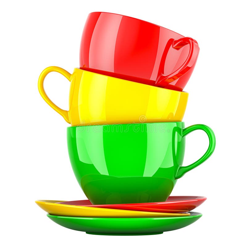 Stack of Colorful Cups with Saucers, 3D Rendering Stock Illustration ...
