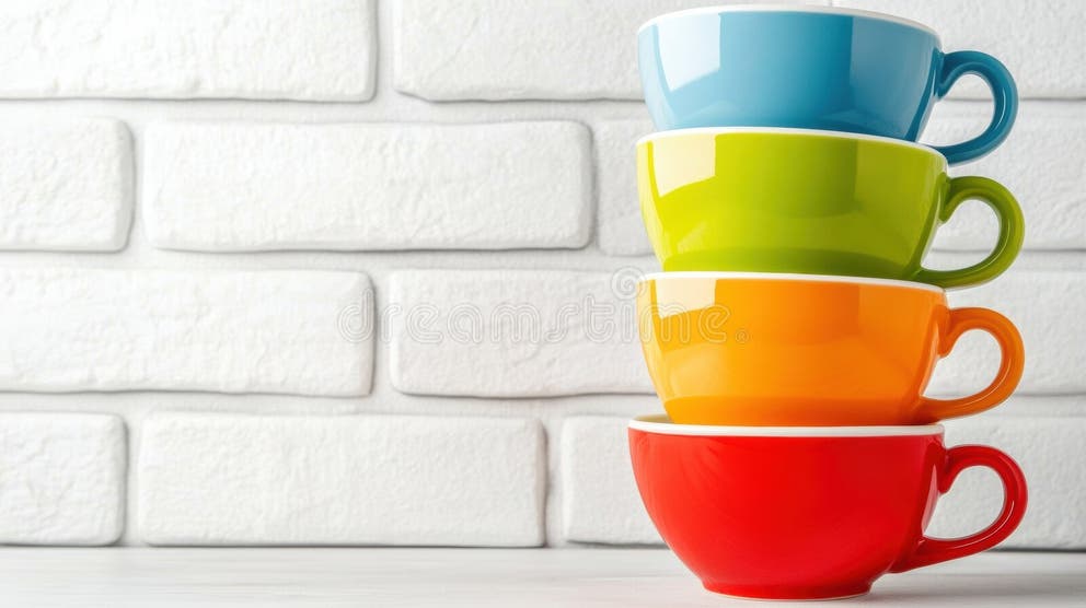 A Stack of Colorful Cups on a White Brick Wall, AI Stock Image - Image ...