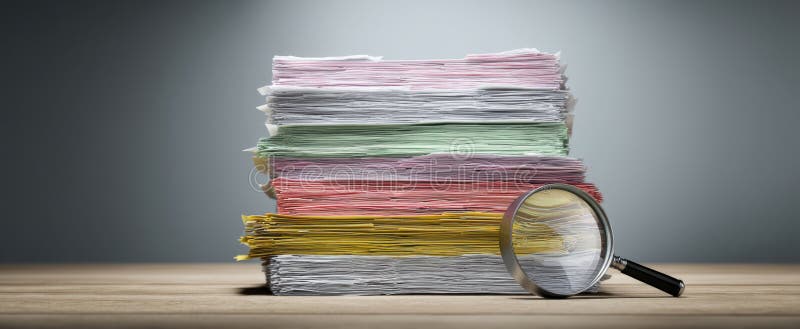 The Stack of Colorful Documents Examined with a Magnifying Glass..AI ...