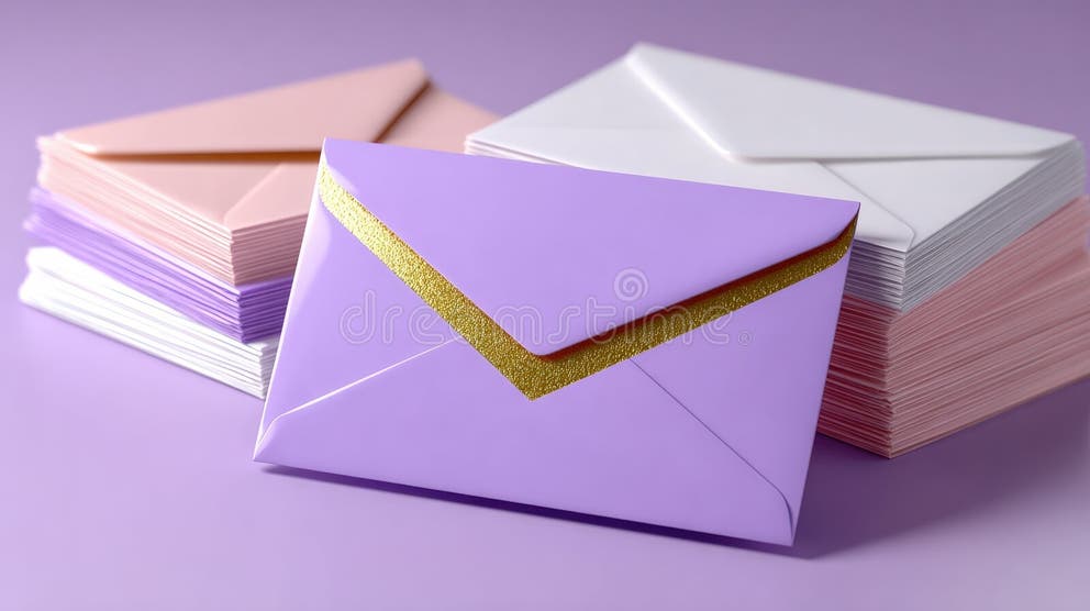A Stack of Colorful Envelopes with a Focus on a Purple Envelope with a ...
