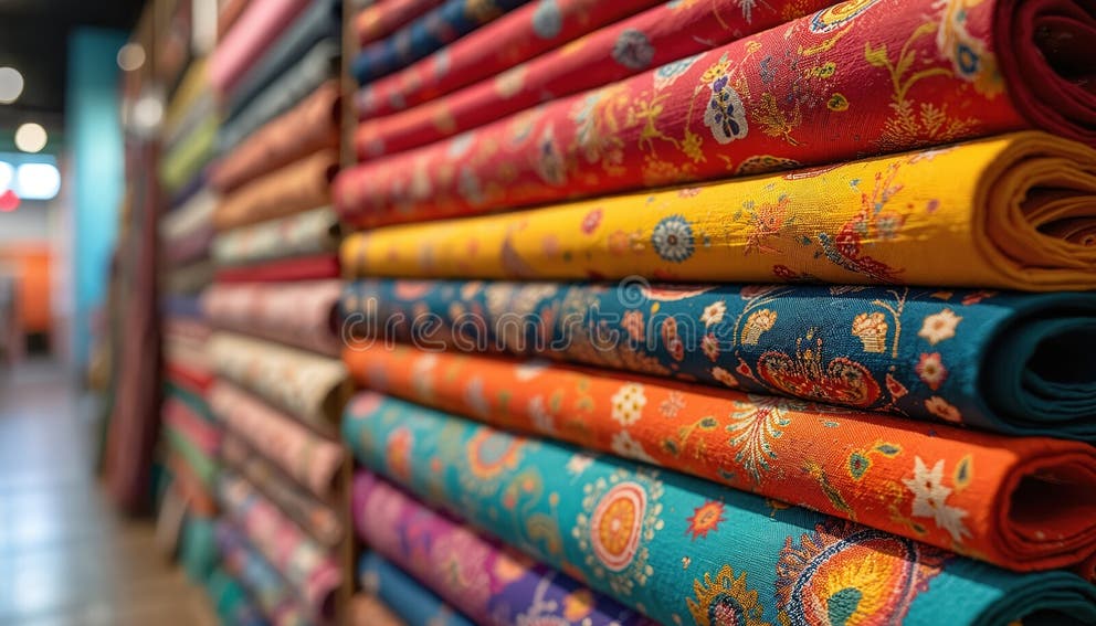 Stack of Colorful Fabric Rolls Displays Vibrant Textile Patterns ...
