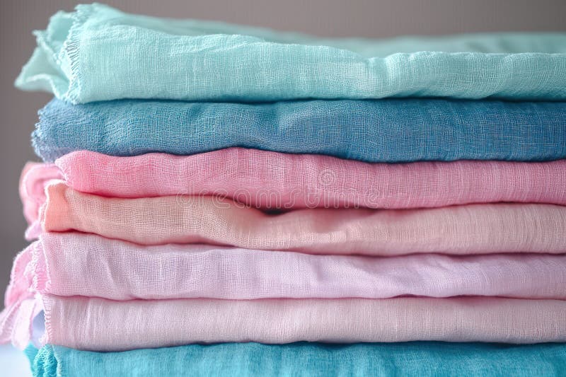Stack of Colorful Fabrics in Pastel Blue and Pink Hues, Softly ...