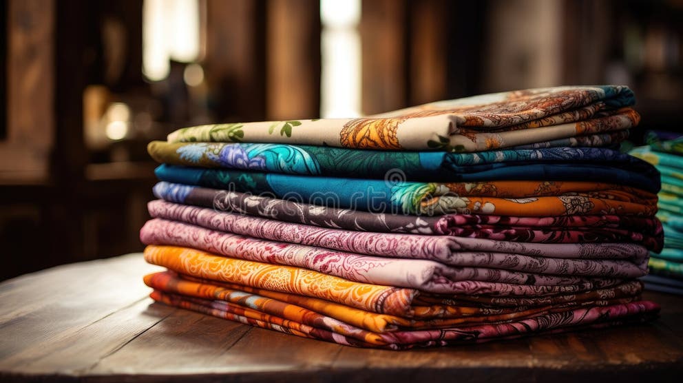 Stack of Colorful Fabrics, Traditional Batik Fabrics Pile, Generative ...