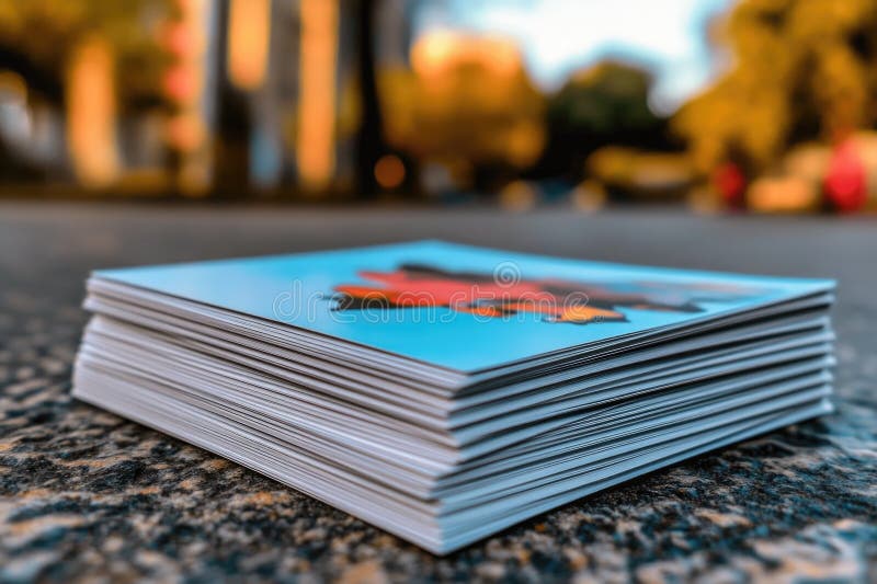 Stack of Colorful Flyers on Urban Pavement with Blurred Background ...