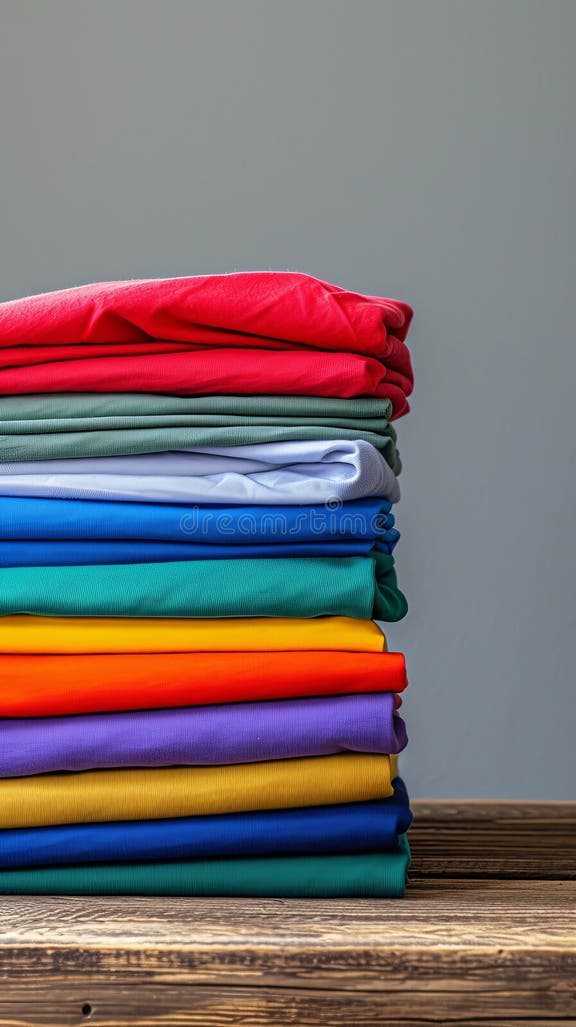 Stack of Colorful Folded Fabrics on Wooden Table, Textile Material ...