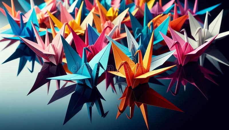 Stack of Colorful Folded Origami Paper Cranes on a Reflective Su Stock ...
