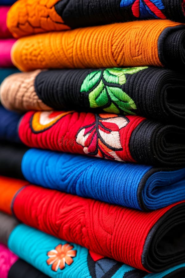Colorful Rolled Textiles Stack Vibrant Patterned Fabrics Stock Photos ...